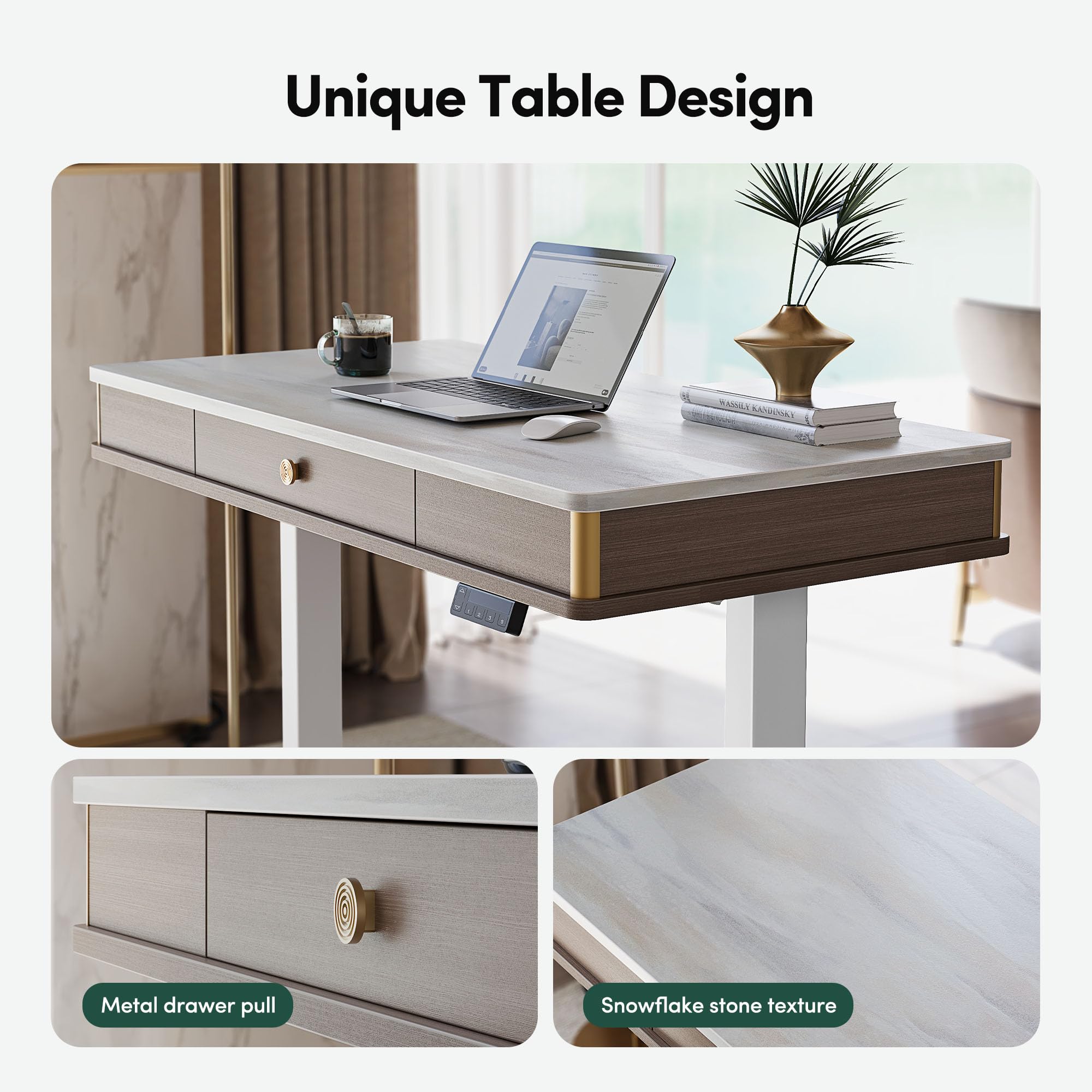 FEZIBO 48X26 Inches Boho Style Height Adjustable Electric Standing Desk with 3 Rattan Drawers, 48X26 Inches Stand up Desk with Large Storage Space, White(2 Packages)