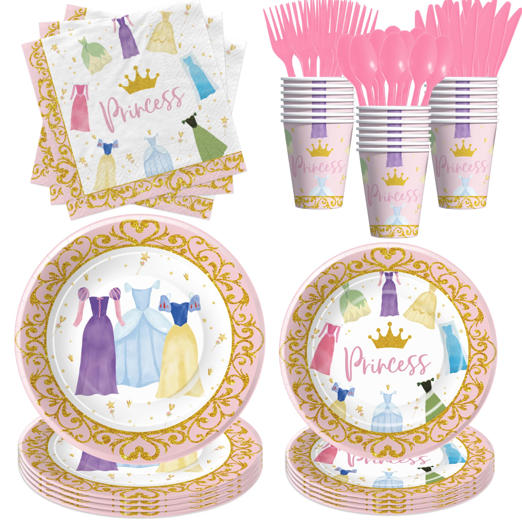 Suhelkit Princess Birthday Party Decorations Tableware - Princess Party Decorations Supplies For Birthday Baby Shower, Plate, Cup, Napkin, Disposable Cutlery, Princess Birthday Decorations | 24 Guest