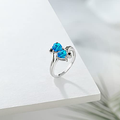 Gem Stone King 1.53 Ct Heart Shape Blue Simulated Opal 925 Sterling Silver Black Diamond Ring (Size 7)