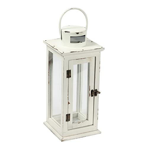 Rustic White Lantern Candle Holder 15In Tall, Hanging Farmhouse Wood Decorative Outdoor Lanterns for Wedding Decor, Hurricane Glass LED Fireplace Table Centerpiece Christmas, Style 1,