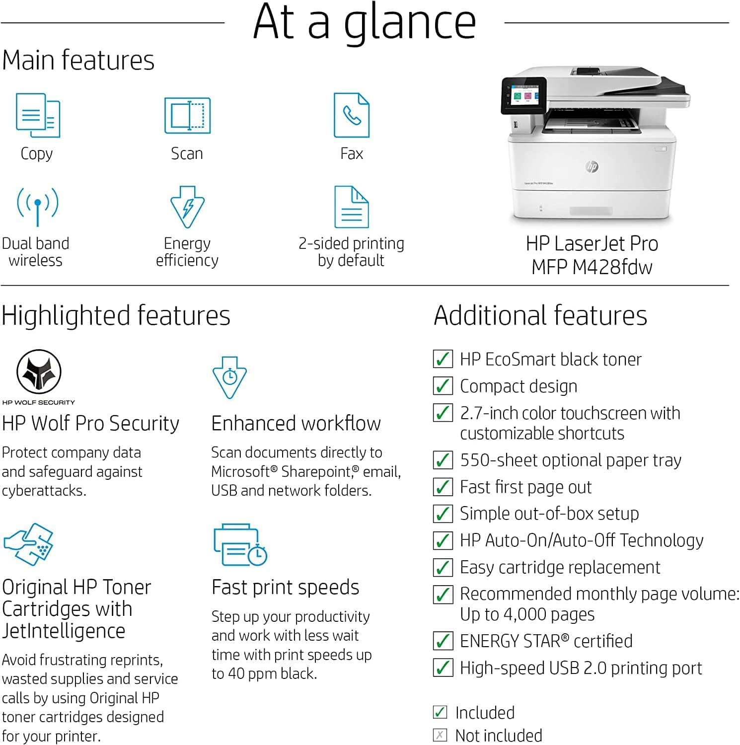 HP Laserjet Pro MFP M428fdw Wireless Monochrome All-in-One Laser Printer for Home Business Office, White - Print Scan Copy Fax - 40 ppm, 1200 x 1200 dpi, 50-Sheet ADF, Auto Duplex Printing, Ethernet