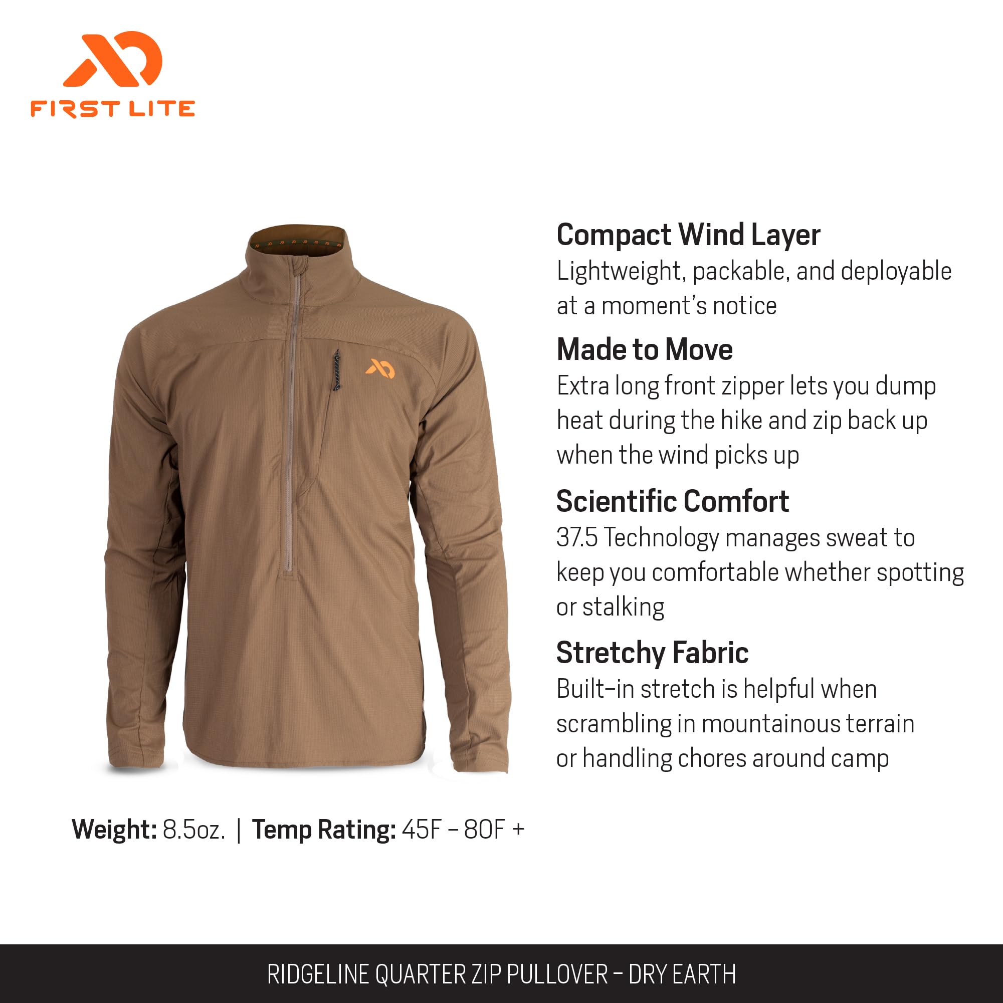 First Lite Men's Ridgeline QZ Pullover - Lightweight Weather Resistant Hunting Midlayer - Dry Earth - X-Large
