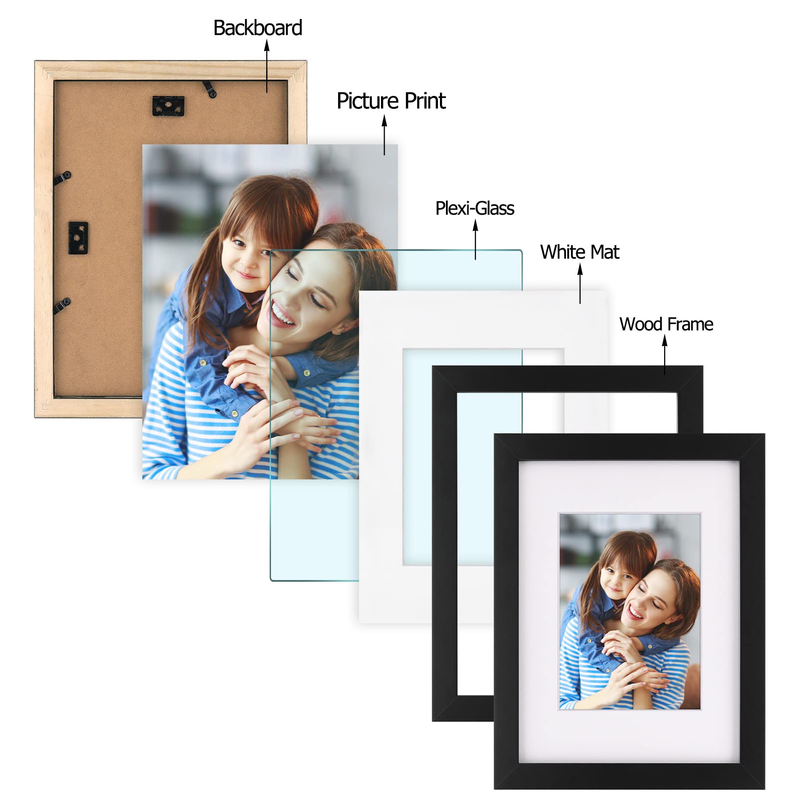 Golden State Art Picture Frame, 9x12 inches, Black, Acrylic Glass, Solid Wood, Mat for 6x8 Photos, Wall Display
