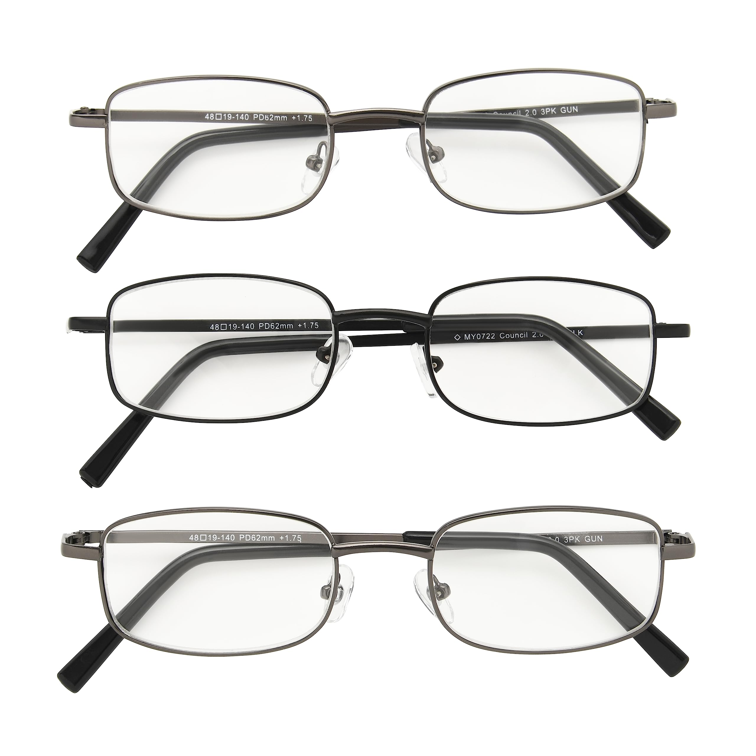 Foster Grant Men's Council Rectangular Reading Glasses, Gunmetal and Black, 3 Pack, 1.5x