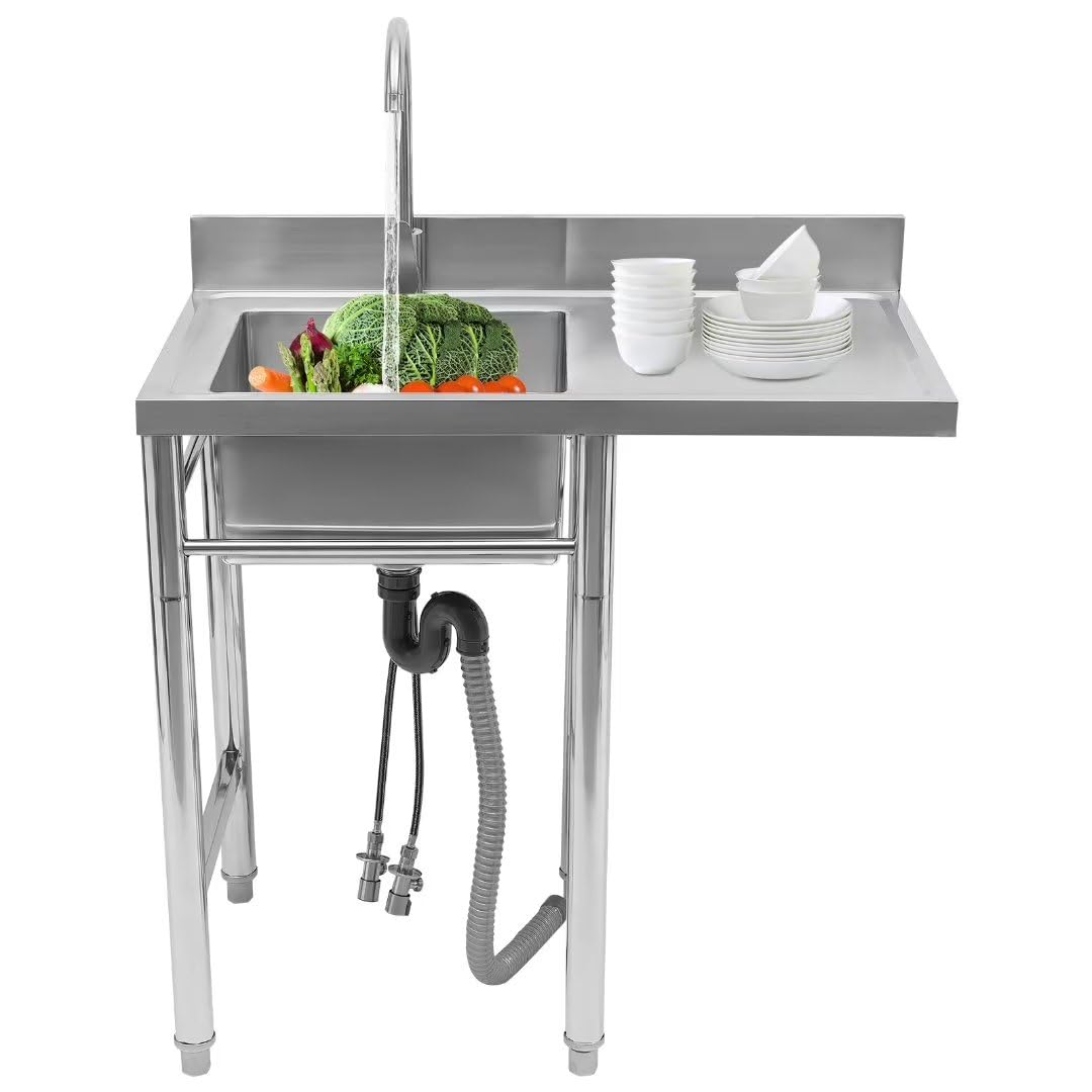 Free Standing Single Bowl Kitchen Sink, Stainless Steel Utility Sink with Drainboard, One Compartment Workbench Sink Commercial Sink for Restaurant, Laundry Room, Backyard, Garages