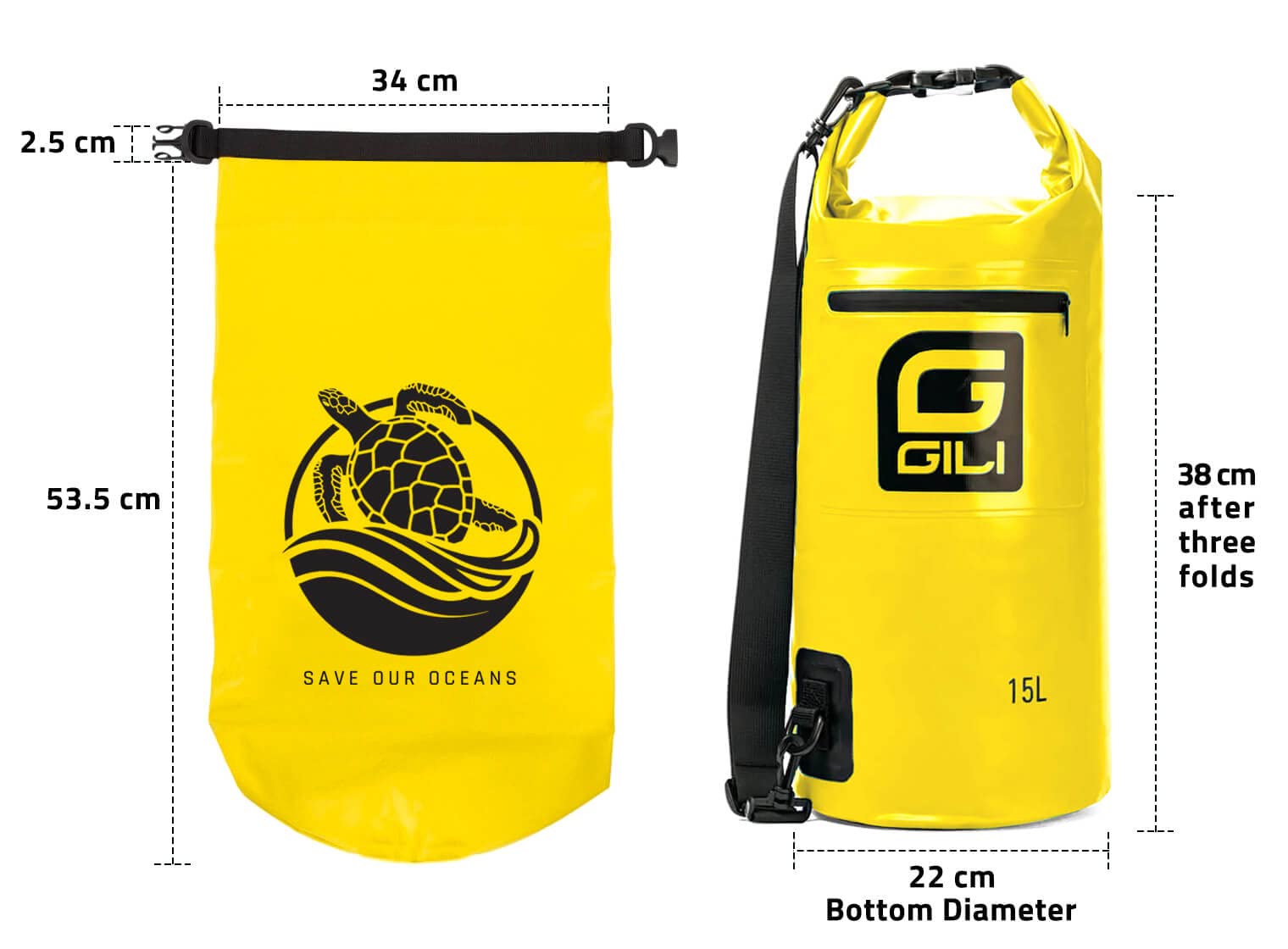GILI Waterproof Dry Bag, Roll Top Compression Sack Keeps Gear for Paddle Boarding, Kayaking, Beach, Boating and Hiking | 15 Liters Made with heavy-duty, vinyl-coated fabric (Yellow, 15L)