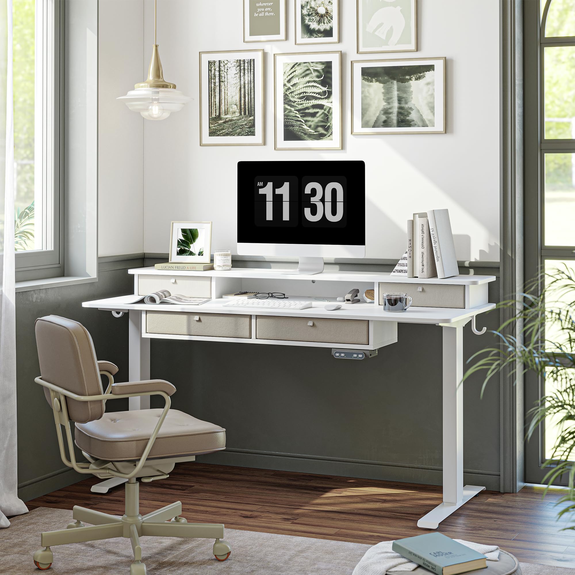 FEZIBO Sturdy Height Adjustable Electric Standing Desk with Drawers, 48 x 24 Inch Stand Up Table with Large Storage Shelf, Sit Stand Desk, White Top