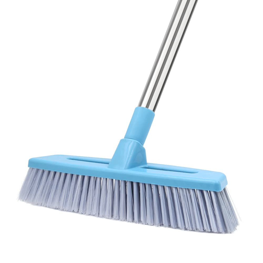 Floor Scrub Brush Push Broom with Adjustable Long Handle - 51 inches, Stiff Bristles, Indoor Outdoor Broom for Cleaning Bathroom Kitchen Patio Tile Wall Grout Wood Floor Carpet