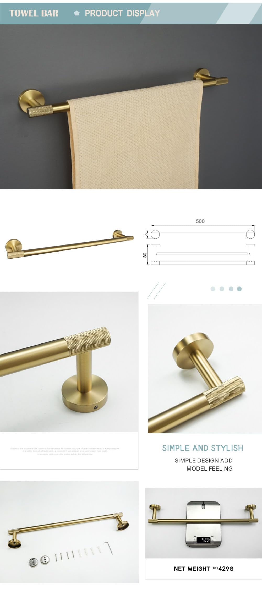 Golden Towel Rack Towel Bar Ring Brushed Gold Hardware Set Robe Coat Hook Toilet Tissue Paper Holder Bathroom Accessories Kit,2 PCS Robe Hook