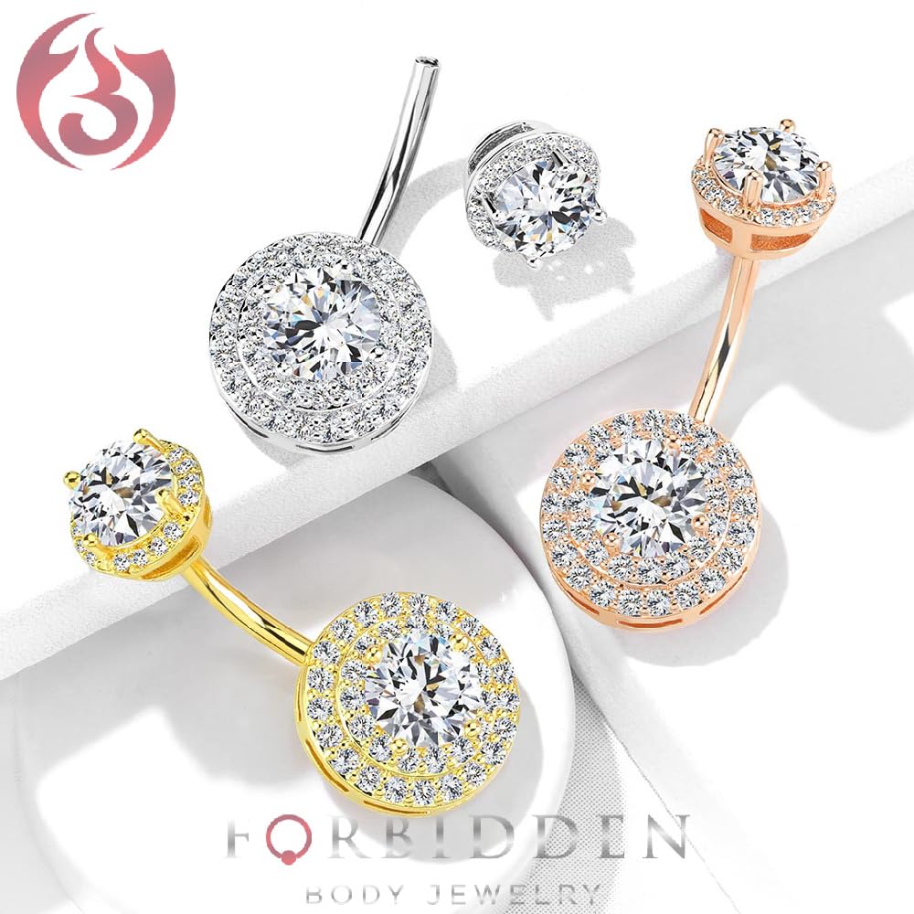 Forbidden Body Jewelry Internally Threaded Surgical Steel Large Double Tier Pave CZ Belly Ring w/Matching Top (Clr/Gold Tone)
