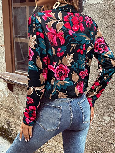 Floerns Women's Floral Print Long Sleeve Open Front Shawl Collar Jacket Blazer Black L
