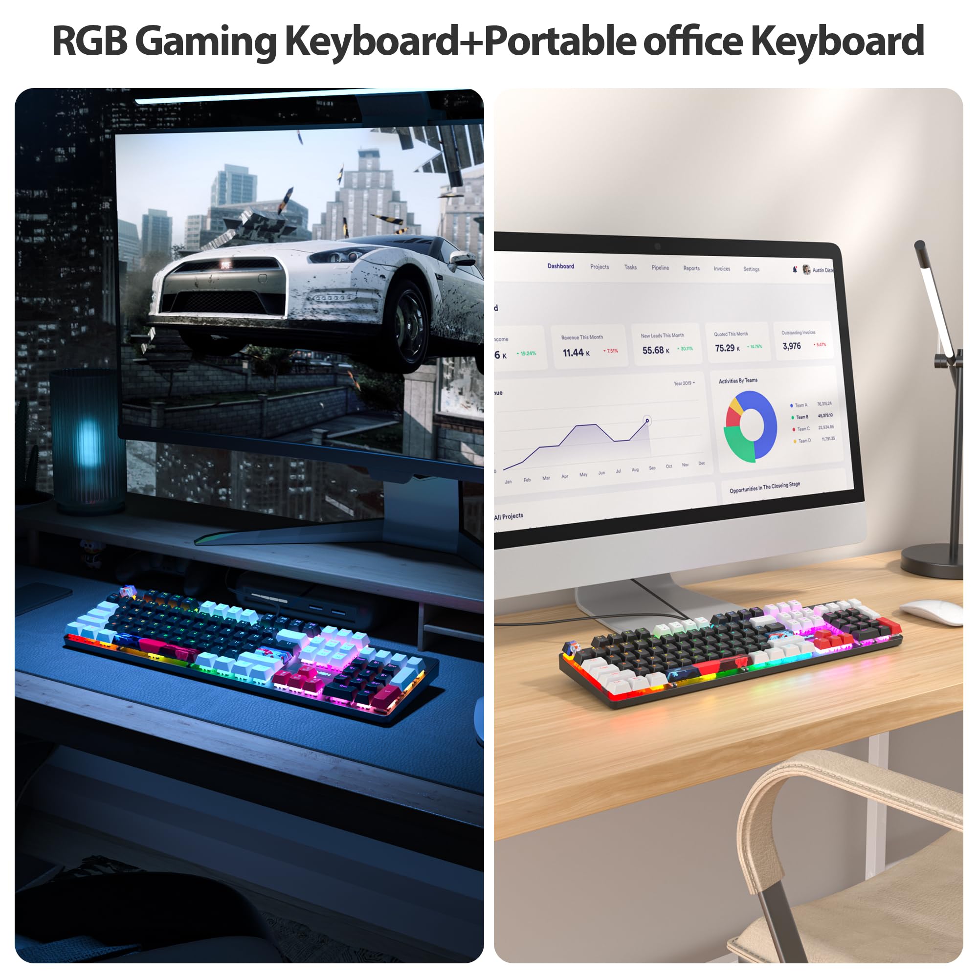 Fogruaden 60% Mechanical Keyboard, 61 Keys Gaming Keyboard with PBT Keycaps and 3 Extra Dye-Sub keycaps, Rainbow Backlit, Wired NKRO for PC/Mac Gamer