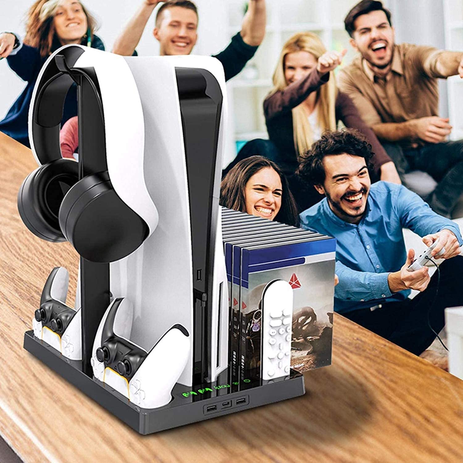 Geliebt Lynn PS5 Stand, PS5 Cooling Station, PS5 Controller Charging Station with 15 Games Organizer & Headset Holder