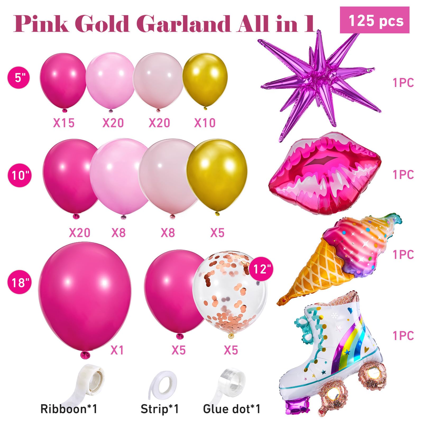 Formulen Pink Balloon Garland Arch Kit, Hot Pink Rose Gold Metallic Balloons Theme Party Girl Birthday Bridal Baby Shower Mother's Day Princess Theme Party Background Decorations Supplies