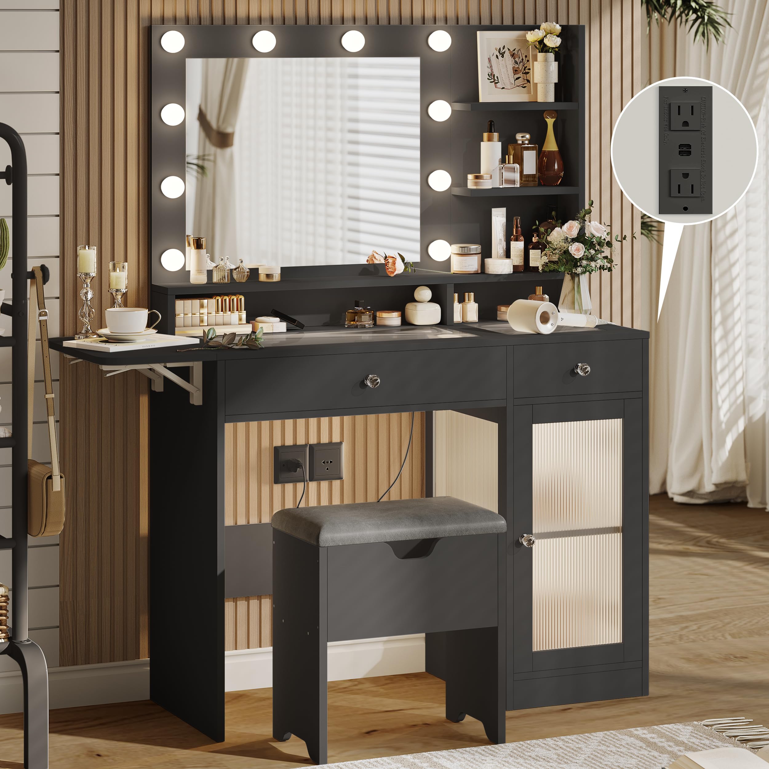 Fulhope Vanity Desk with Mirror and Lights, Chair & Outlet, Makeup Vanity with Lights, Black Vanity Table with 2 Drawers for Makeup Storage, Makeup Desk with Mirror for Bedroom, SZT-2