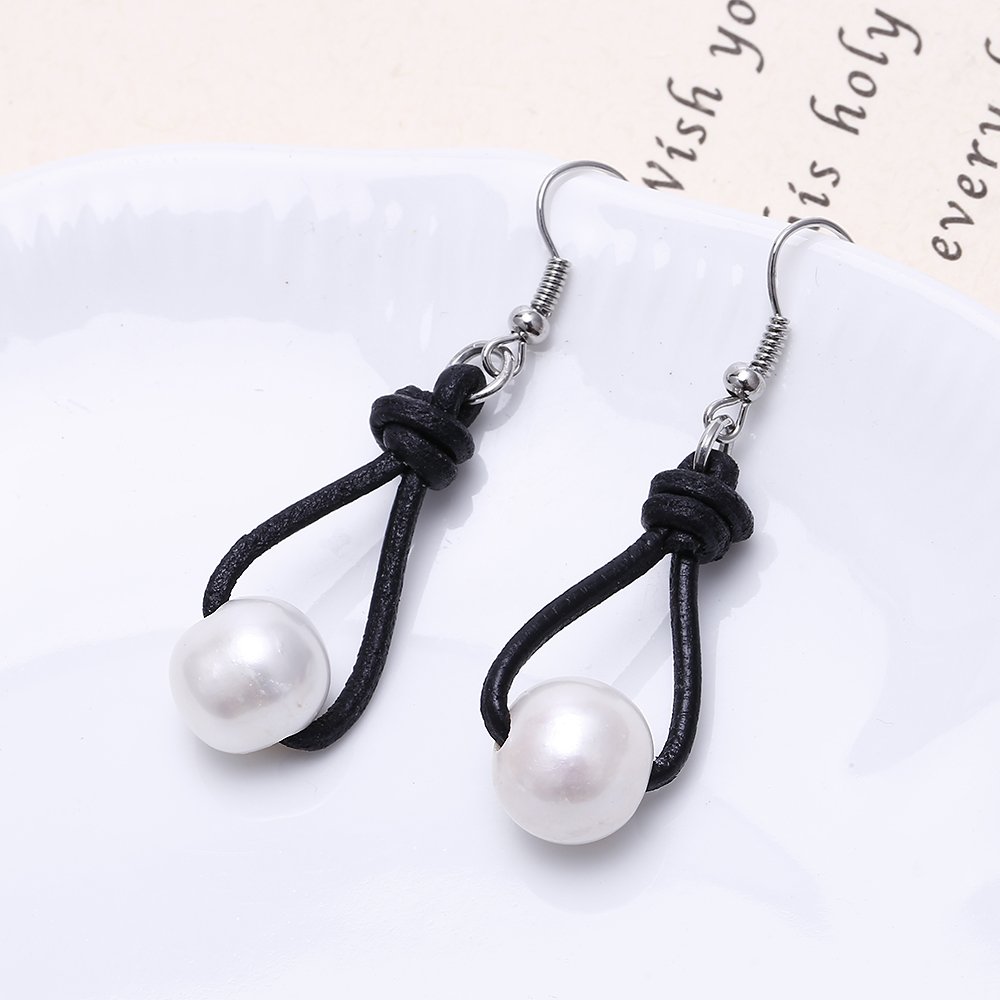 Freshwater White Pearl Dangle Earrings Genuine Leather Cord Hook Drop Bohemian Jewelry for Women Black