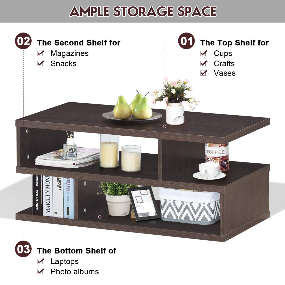Giantex Coffee Table, Rectangular Tea Table with Storage Shelf, 3-Tier Sofa Table, Modern Console Table, Space Saving Organizer, Furniture for Home Living Room Office, Brown (Brown)