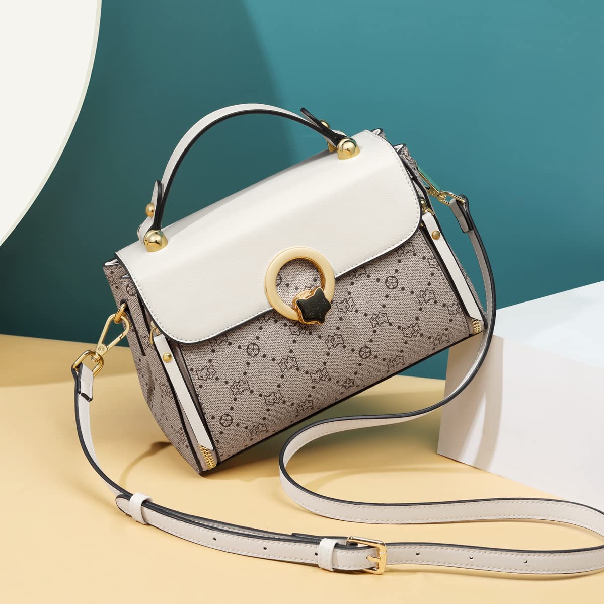 FOXLOVER Small Crossbody Bag for Women PVC Leather Detachable Strap Lightweight Twist Lock Flap(White-Small size)