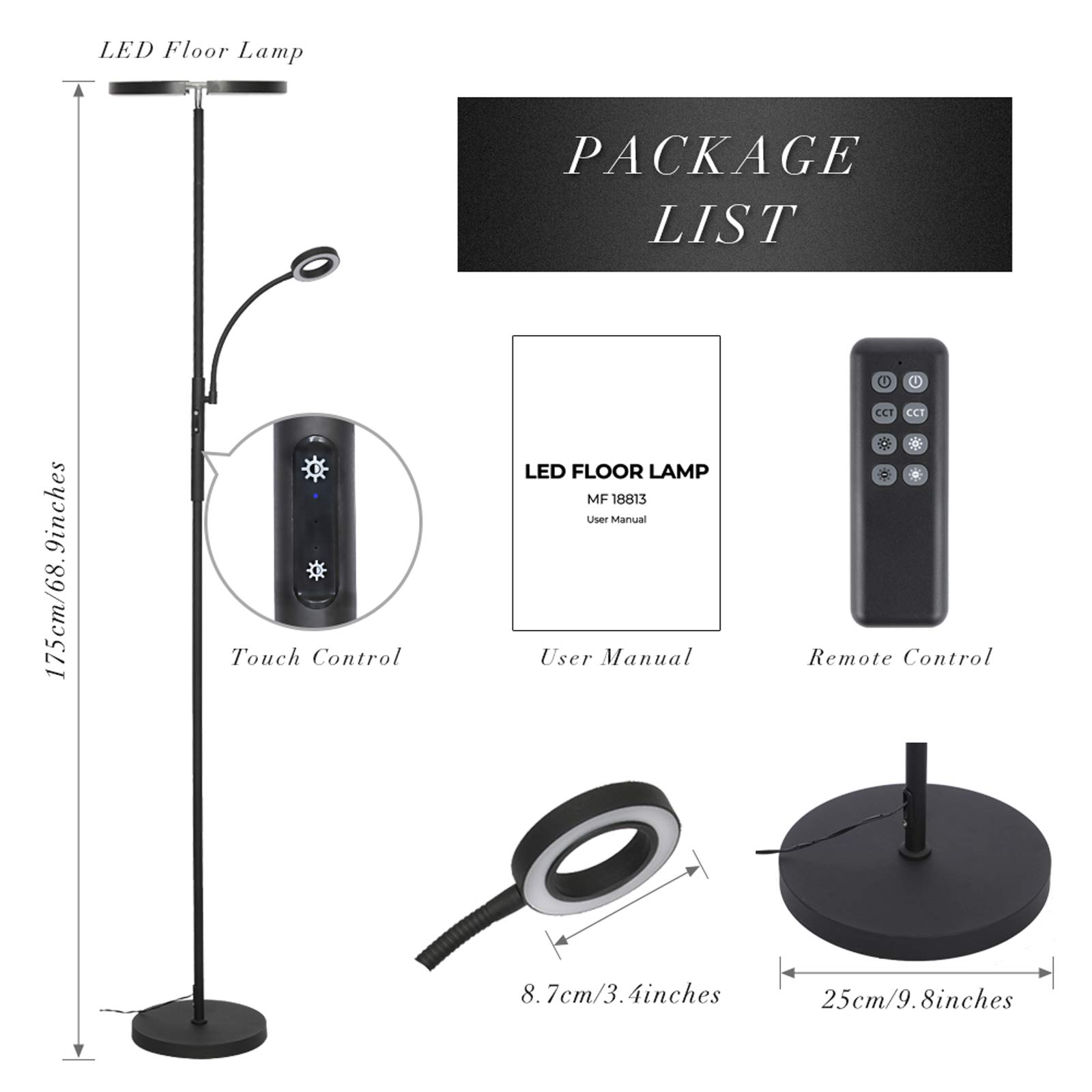 Ganiude Dimmable Modern LED Rotatable Torchiere Floor Lamp with Reading Light,Touch and Remote Control,Tall Standing Pole Lamp with Stepless Dimming and 3000K-6000K CCT for Living Room,Bedroom,Office