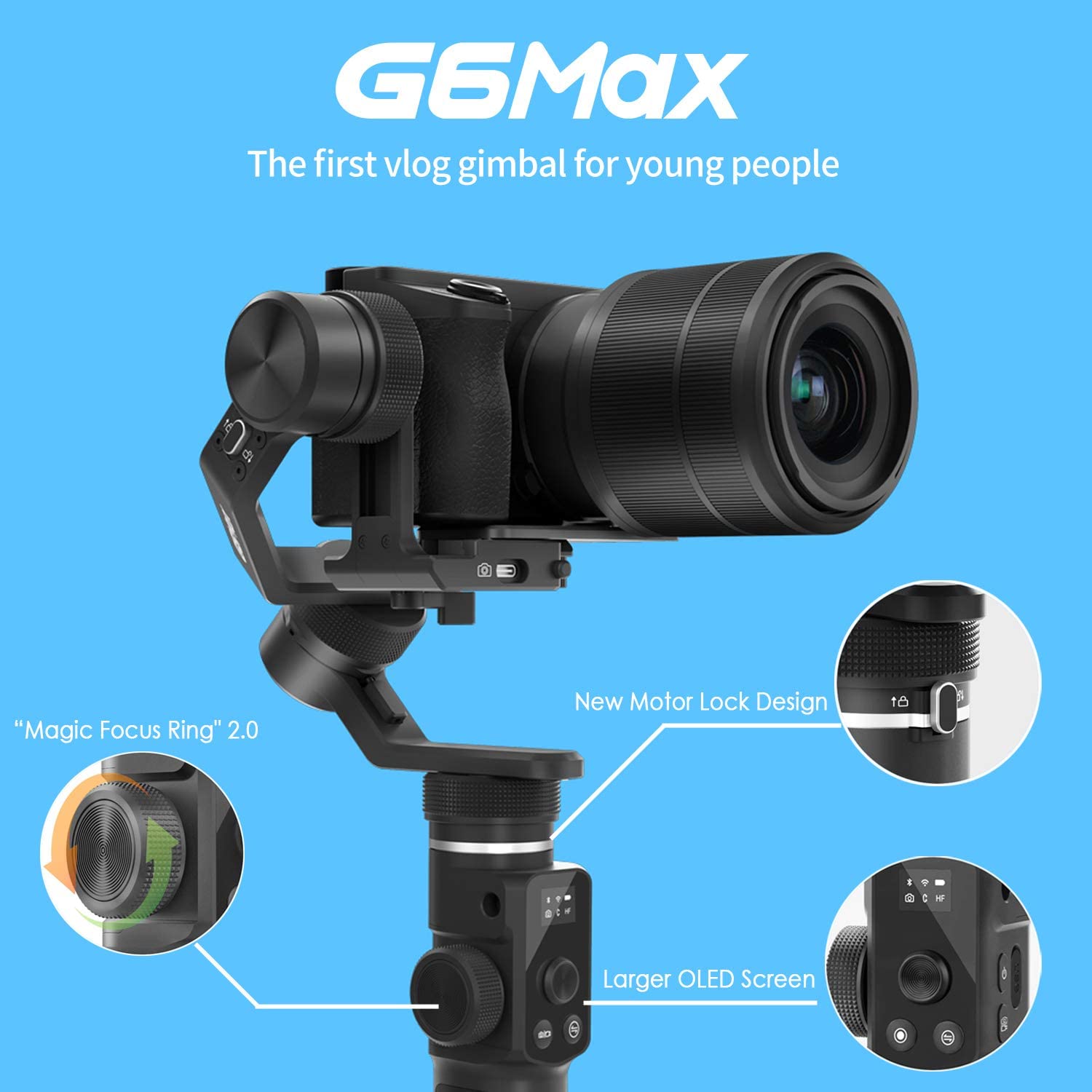 FeiyuTech G6 Max 3-Axis Camera Gimbal Stabilizer for Small Mirrorless/Pocket/Action Camera/Smartphone for Sony a6300/a6500 α7SII RX100 Gopro 9/8/7/6/5 iPhone 12 Samsung S10+, 2.65lb Payload