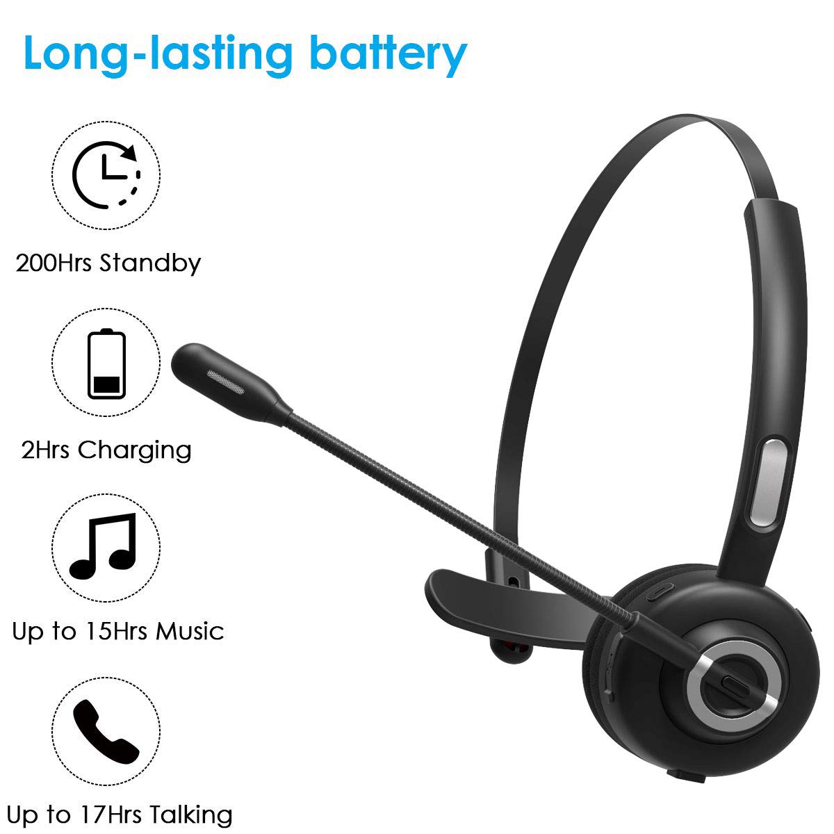 Friencity Trucker Bluetooth Headset for Cell Phones, Wireless Office Headset with Noise Cancelling Microphone, On Ear Headphones for PC Skype Call Center, Charging Base,17h Talk Time, Mute Button