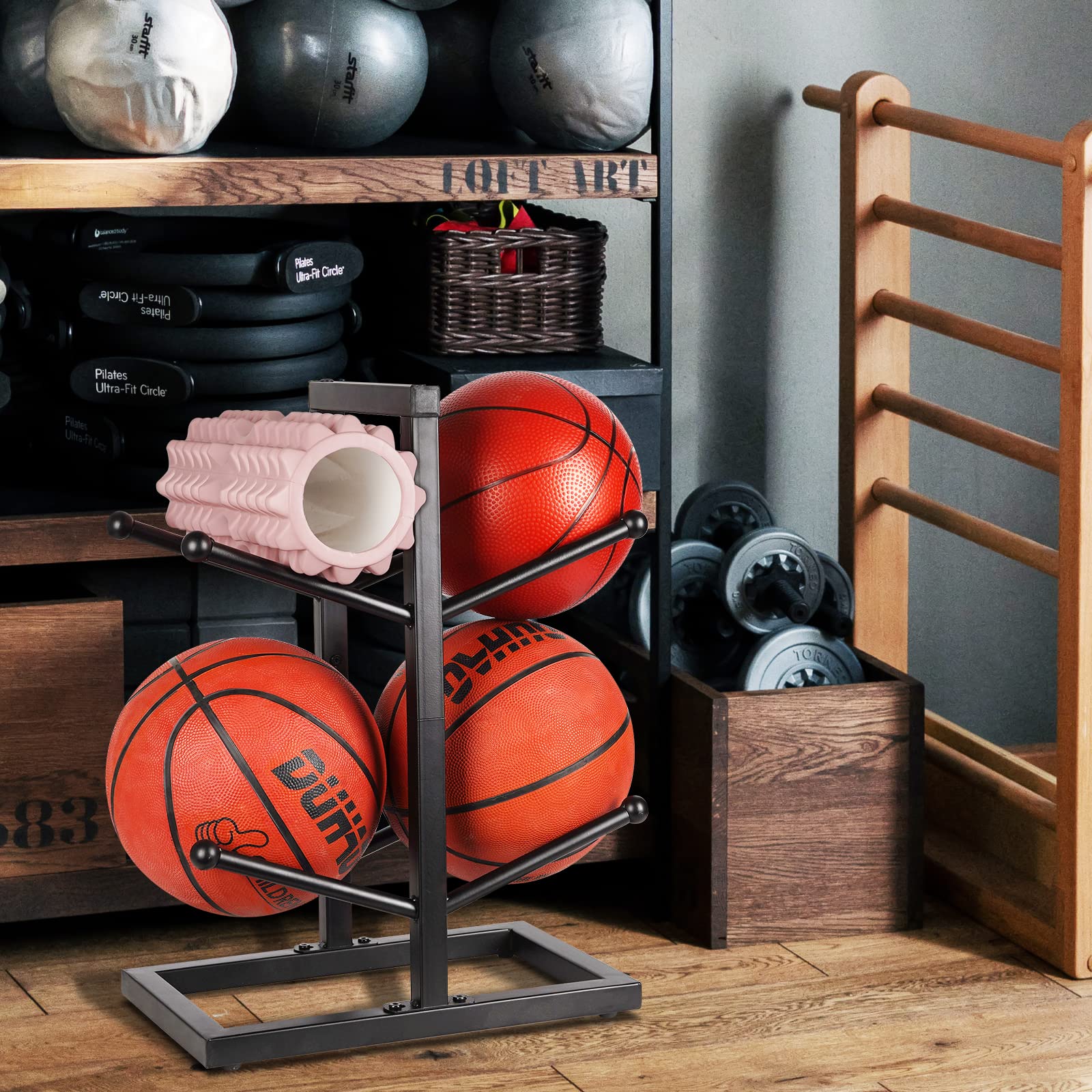Fitlyiee Four-Layer Multipurpose Basketball Organizer Iron Ball Rack for Indoor Outdoor (Black)
