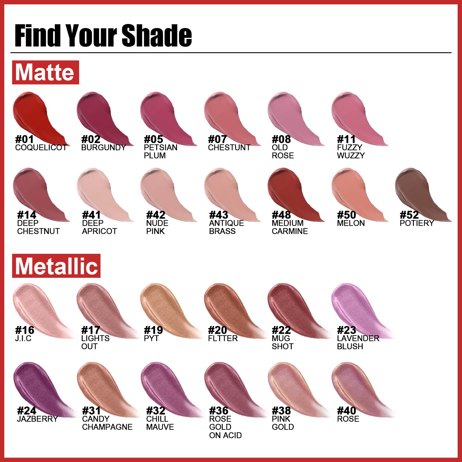 FOCALLURE Metallic Lip Gloss,Long Lasting Waterproof Liquid Lipstick,Highly Pigmented Not Stick Cup Lip Color,Diamond Shimmer Makeup for Women,ROSE
