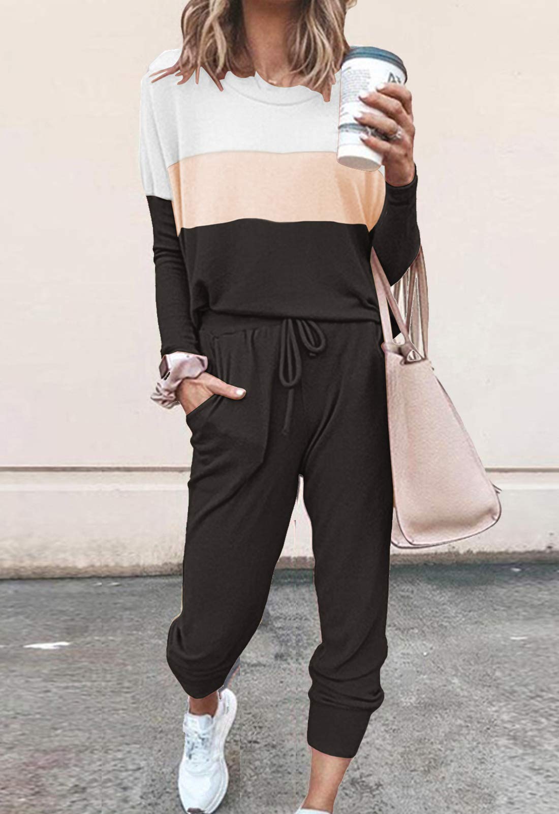Fixmatti Women 2 Piece Outfit Long Sleeve Colorblock Shirt Pant Set Jogging Sweatsuit Black M