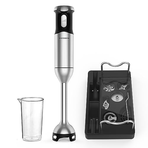POSWEENR Immersion Blender, Scratch Resistant Hand Blender, 9-in-1 Heavy Duty Copper Motor Stainless Steel Stick Blender with Milk Frother, Whipping, Blade Remover, Storage Case, Black