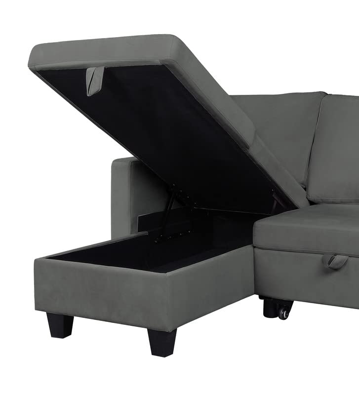 RITSU Reversible Velvet Sleeper Sectional Sofa with Storage Chaise and Side Pocket, L-Shape Corner Couch with Arms for Living Room, Home Furniture, Apartment, Dorm, Dark Gray 3
