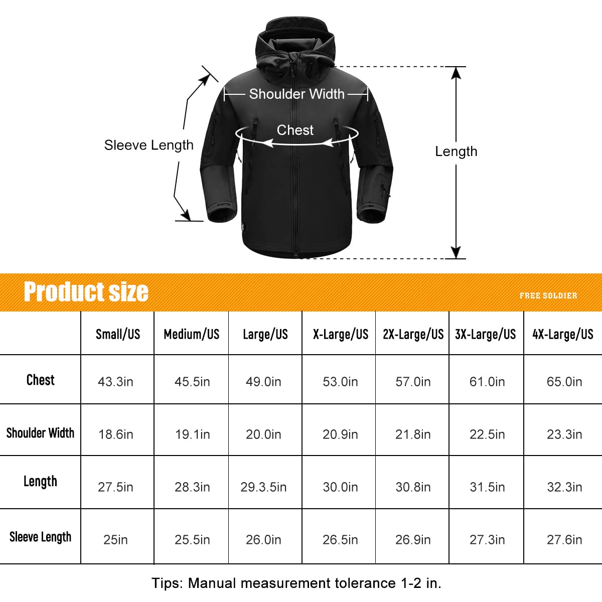 FREE SOLDIER Men's Softshell Hiking Jacket Waterproof Hooded Tactical Hunting Jacket(Black, X-Large)
