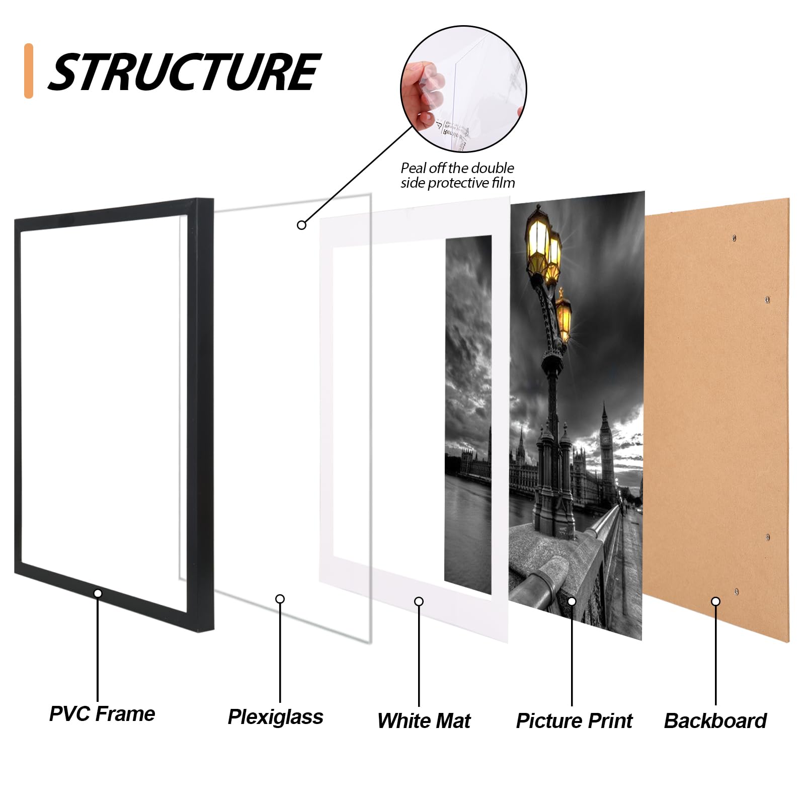 Fixwal 11x14 Picture Frame in Black, Display Pictures 8x10 with Mat or 11x14 Without Mat, Plastic Frame,Photo Frame for Wall or Tabletop Display