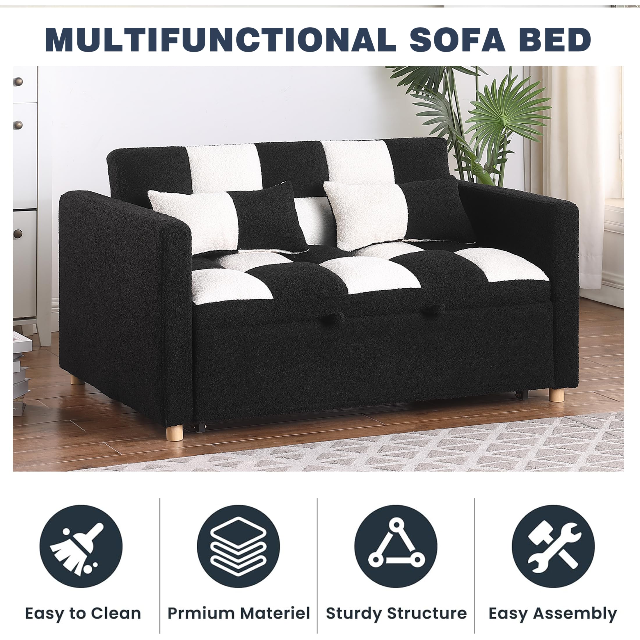SumKea 52.76'' Convertible Teddy Sleeper Sofa Couch, Modern 3-in-1 Loveseat with Adjustable Backrest, 2 Pillows, Lounge Sofa, Couches for Living Room, Apartment, Black White