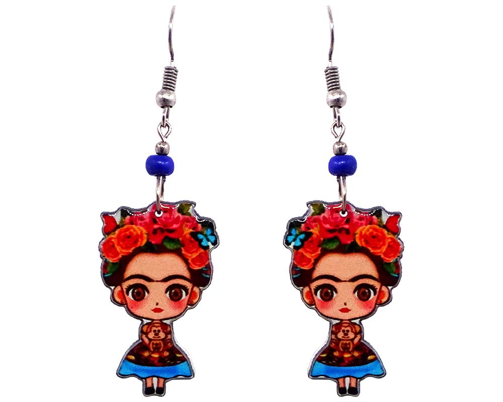 Frida Inspired Cartoon Doll Mexican Artist Graphic Dangle Earrings - Womens Fashion Handmade Jewelry Boho Accessories (Peach/Orange/Light-Blue)
