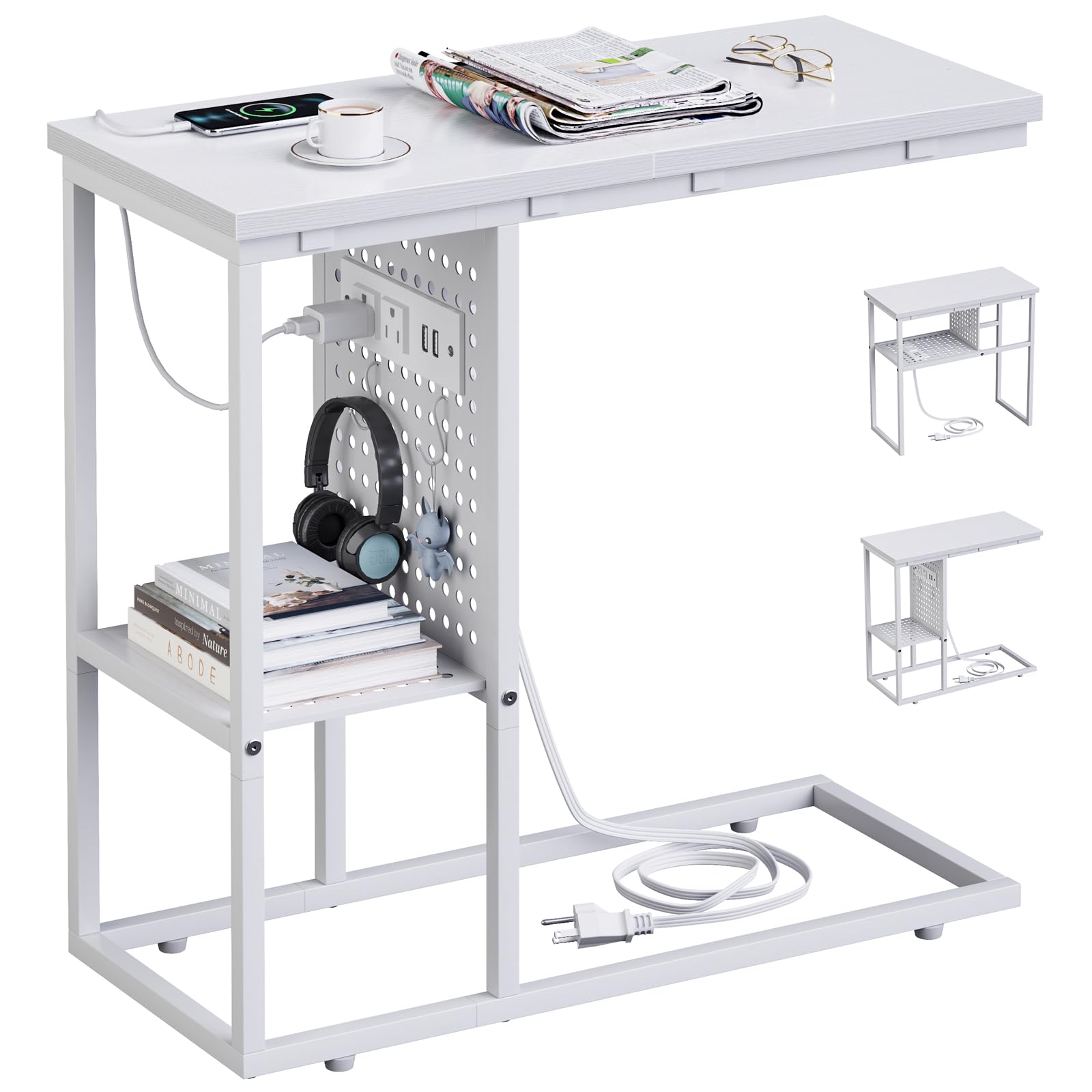 Furologee White C Shaped End Table with Charging Station, Side Table for Couch, Sofa Table with Storage Shelf, Reversible C Table/Small Coffee Table for Living Room, Metal Nightstand for Bedroom