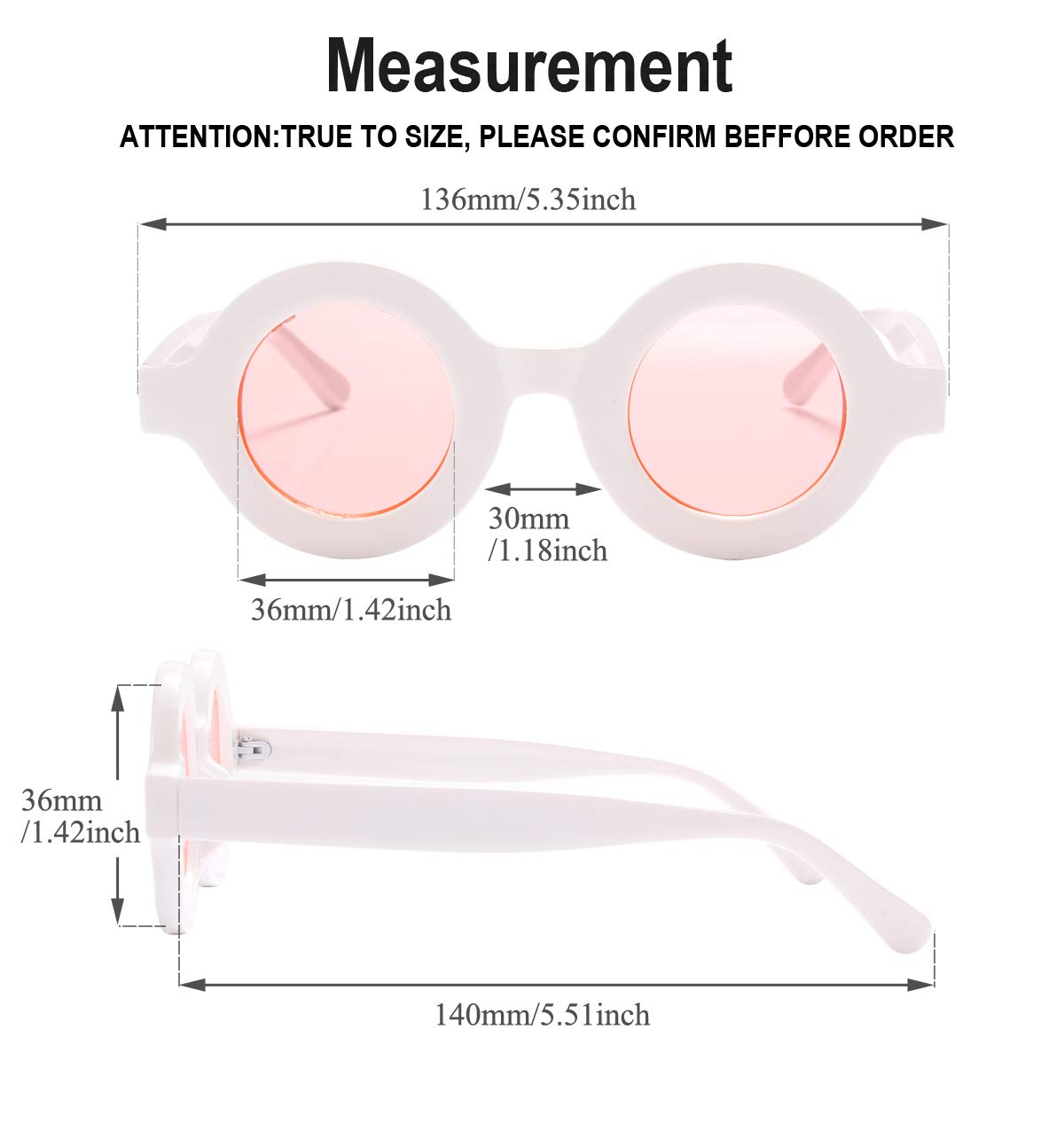 Fuaisi Retro Fashion Oversized Thick Bold Frame Round Sunglasses Anti-UV Outdoor Colorful Glasses (White Frame/Pink Lens)