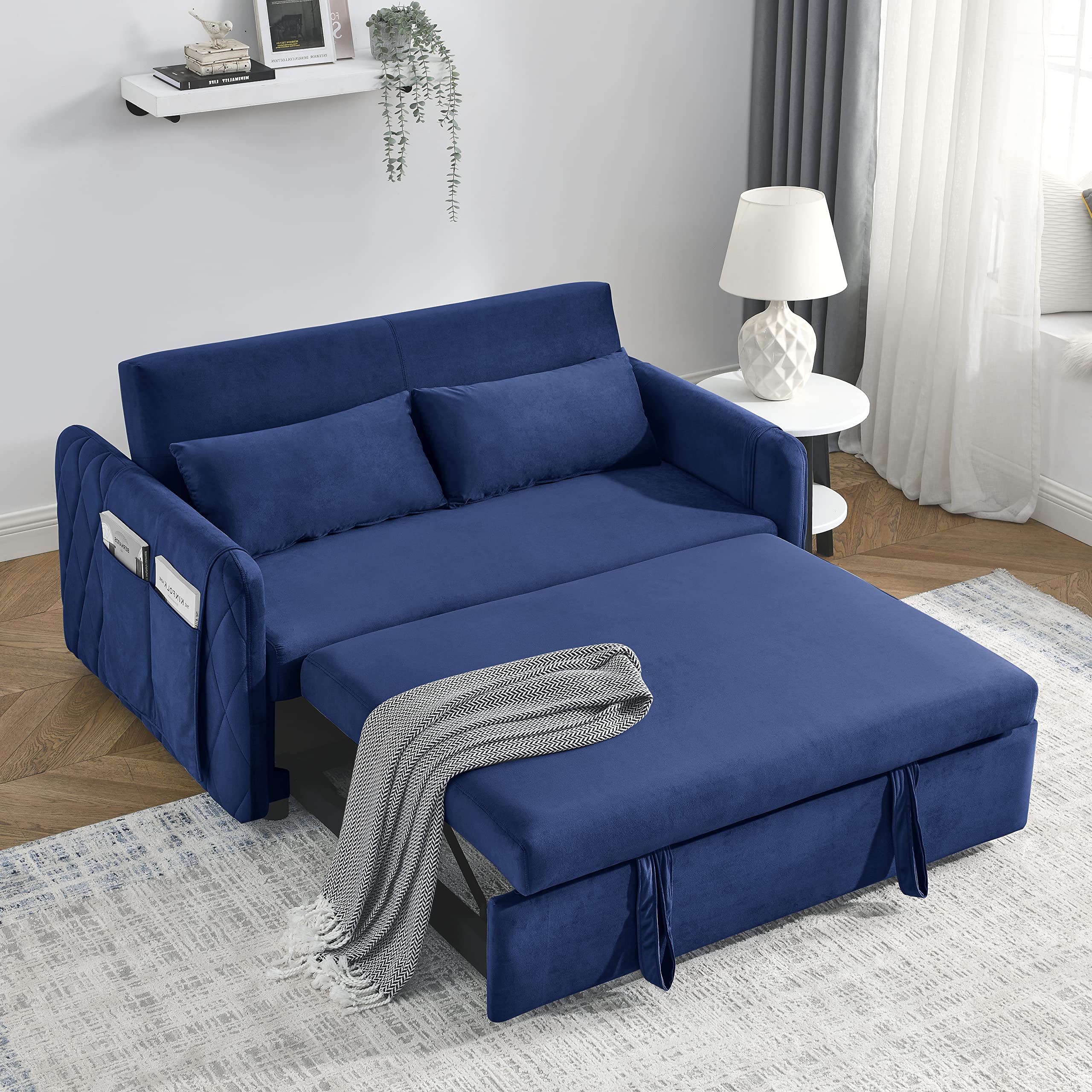 Miscoos 55" Velvet Convertible Sofa Modern Loveseat with Pull-Out Bed, Adjustable Backrest, Detachable Arm Pockets, Grid Design Armrests, and 2 Pillows-Ideal for Living Room, Blue