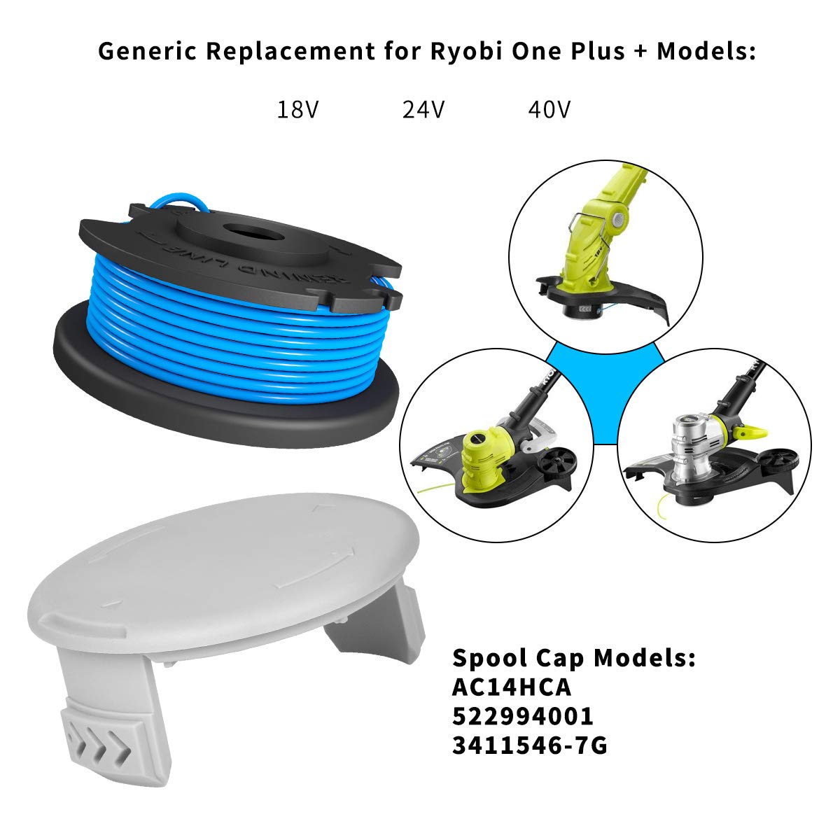 Generep Weed Eater String Trimmer AC14RL3A Spool Generic Replacement for Ryobi One Plus + 18V 24V 40V Cordless Trimmers and Cap Covers (6 Spool, 1 Cap)