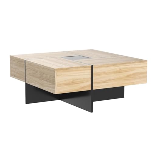 Furnnylane Modern Coffee Table with 4 Drawers,Square Coffee Table with Storage for Living Room,Oak,31.5" D x 31.5" W x 13.8" H