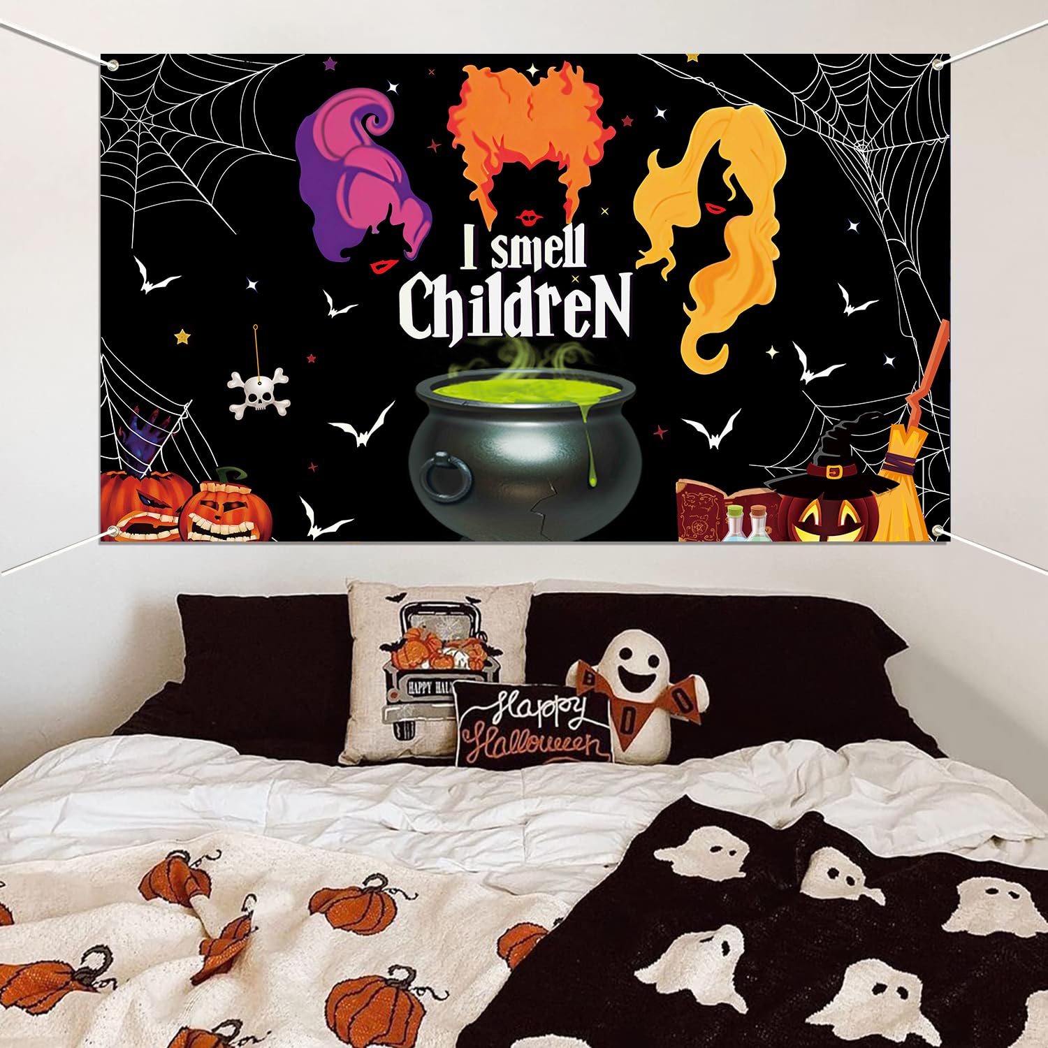 Halloween Hocus Pocus Decorations Party Supplies Banner, Extra Large Witch Sisters Backdrop for Indoor Outdoor Photo Booth Props Video Decor, 73" X 43.3"