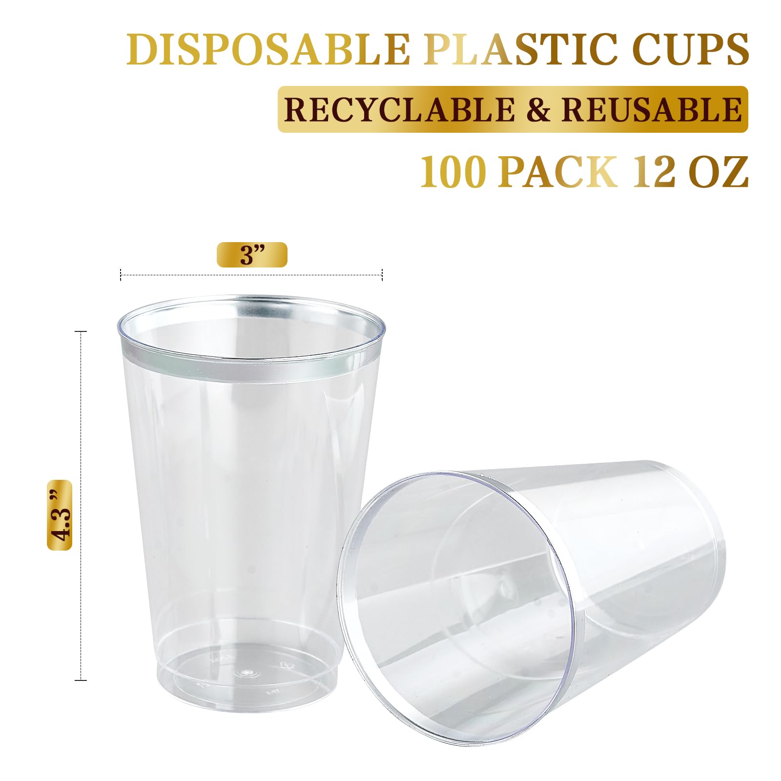 FOCUSLINE 200 Pack 12 oz Silver Rimmed Plastic Cups, Clear Plastic Cups 12 Ounce Tumblers, Heavy-duty & Fancy Disposable Hard Plastic Cups with Silver Rim for Wedding Cups Elegant Party Cups
