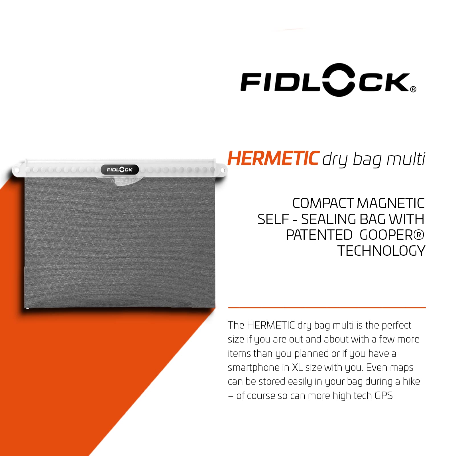 FIDLOCK Hermetic Dry Bag Multi - Flexible Magnetic Self-Sealing Bag for Cellphone | 100% Waterproof and Sand Proof - Practical Size with a Large Opening, with Lanyard included - Fabric Black