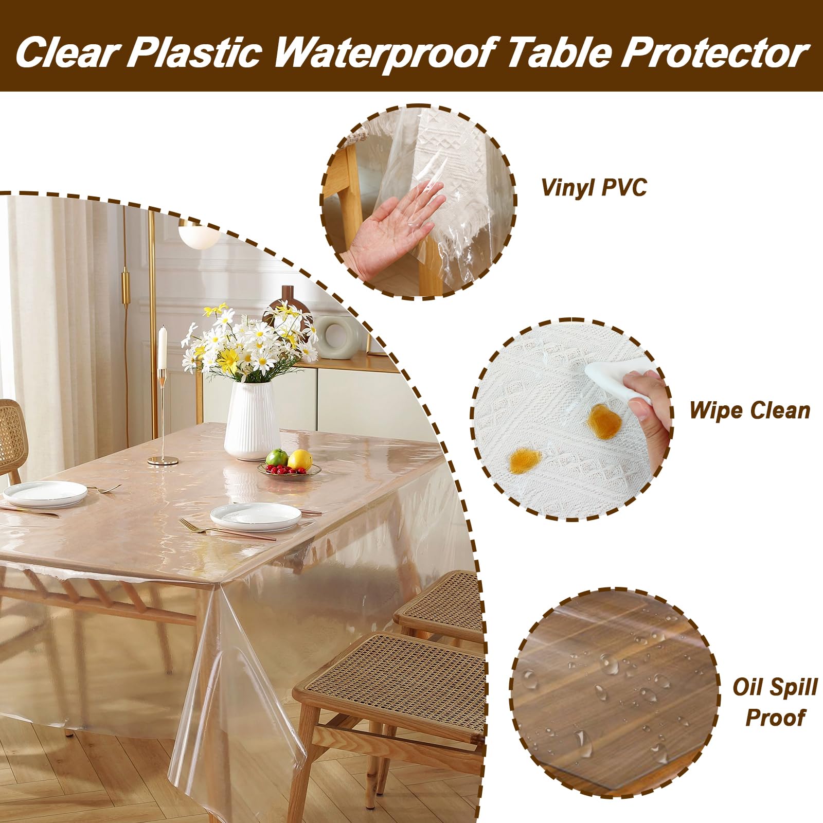 Fixwal Clear Plastic Tablecloth Protector 60 x 84 Inch 100% Waterproof Vinyl PVC Table Cloth, Oil Spill Proof, Wipe Clean Rectangle Table Cover for Dining Table, Parties & Camping