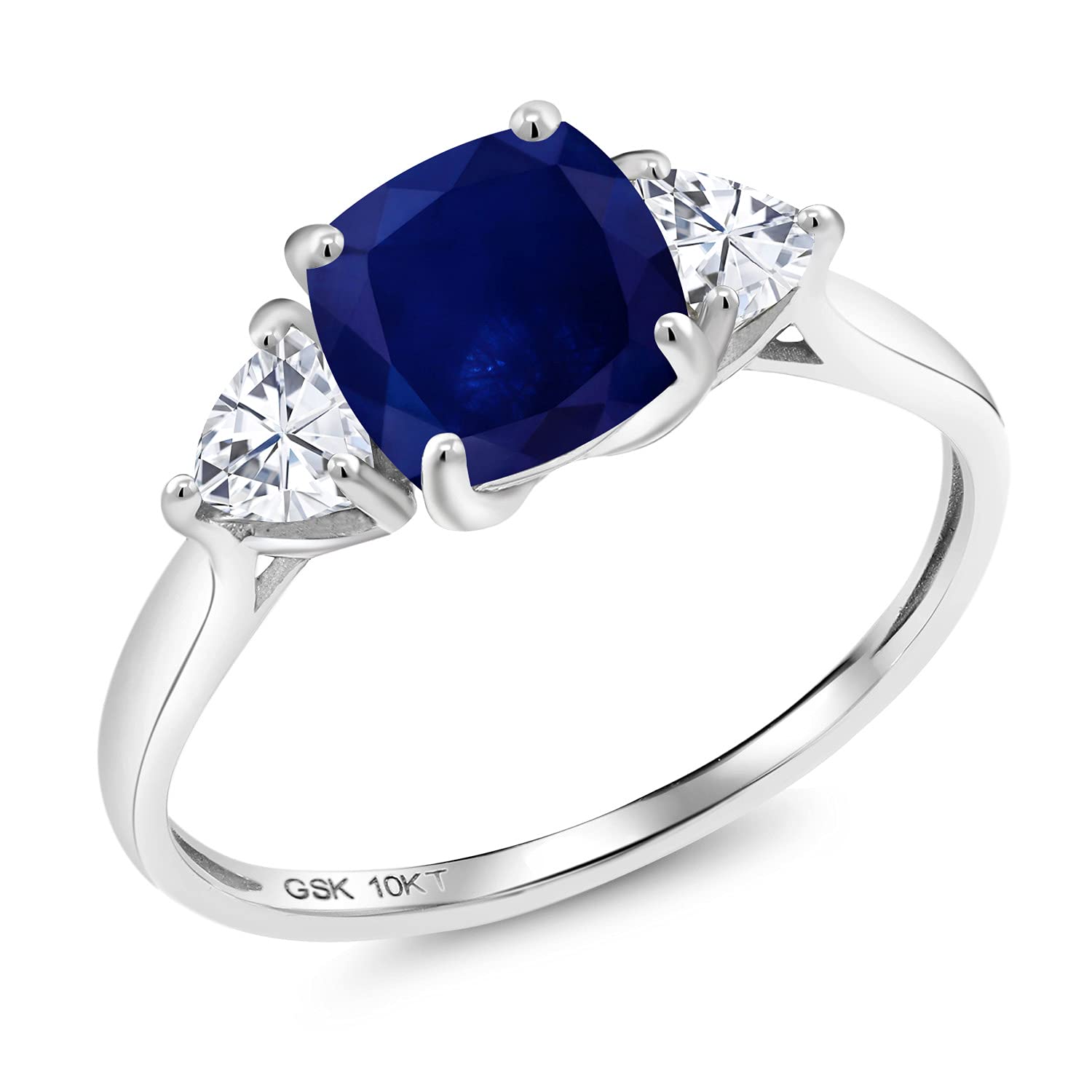 Gem Stone King 10K White Gold Blue Sapphire and White Moissanite Engagement Ring | 2.46 Cttw | 7MM Cushion and 4MM Trillion | 3 Stone Wedding Engagement Anniversary Promise Ring For Women (Size 6)