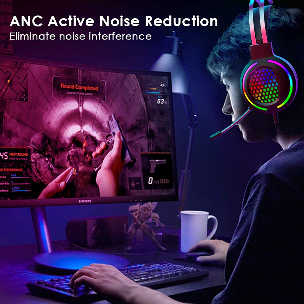 Gaming Headset with 7.1 Surround Sound,PC Lightweight Headset with Noise Canceling Mic,Bass Surround,Soft Memory Earmuffs,Rainbow LED Backlit for PC,PS4,Xbox One Controller(Adapter Not Included)(Pink)
