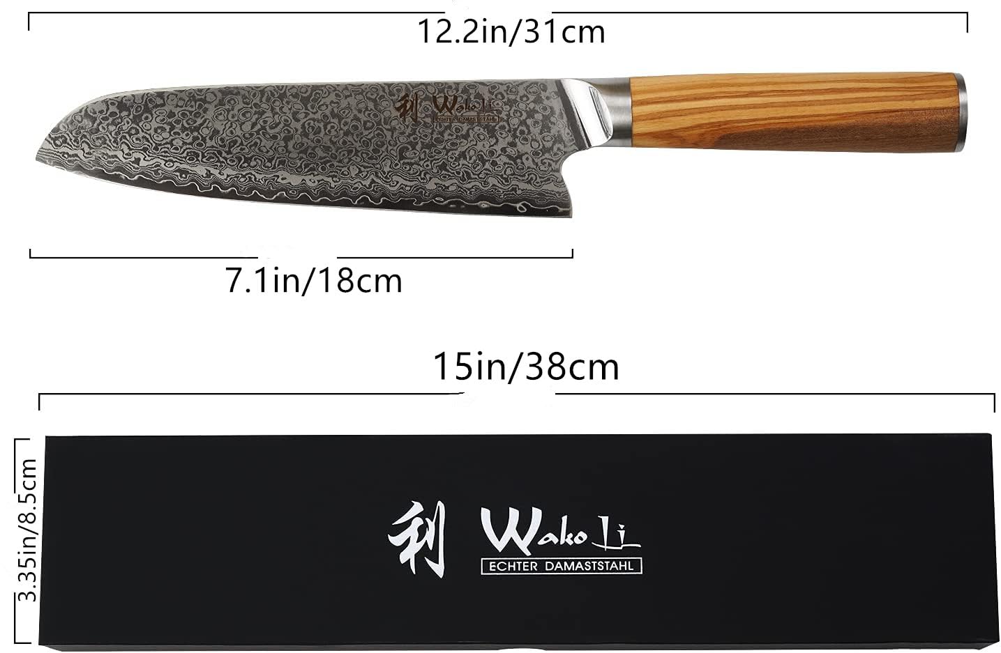 Wakoli Santoku Knife, 7-inch Blade Damascus Chef Knife made from 67 Layers of Damascus Steel with VG10 Core, Sharp Kitchen Knives with Olive Wood Handle, Meat Knife for All Tasks in Gift Box (Oribu)