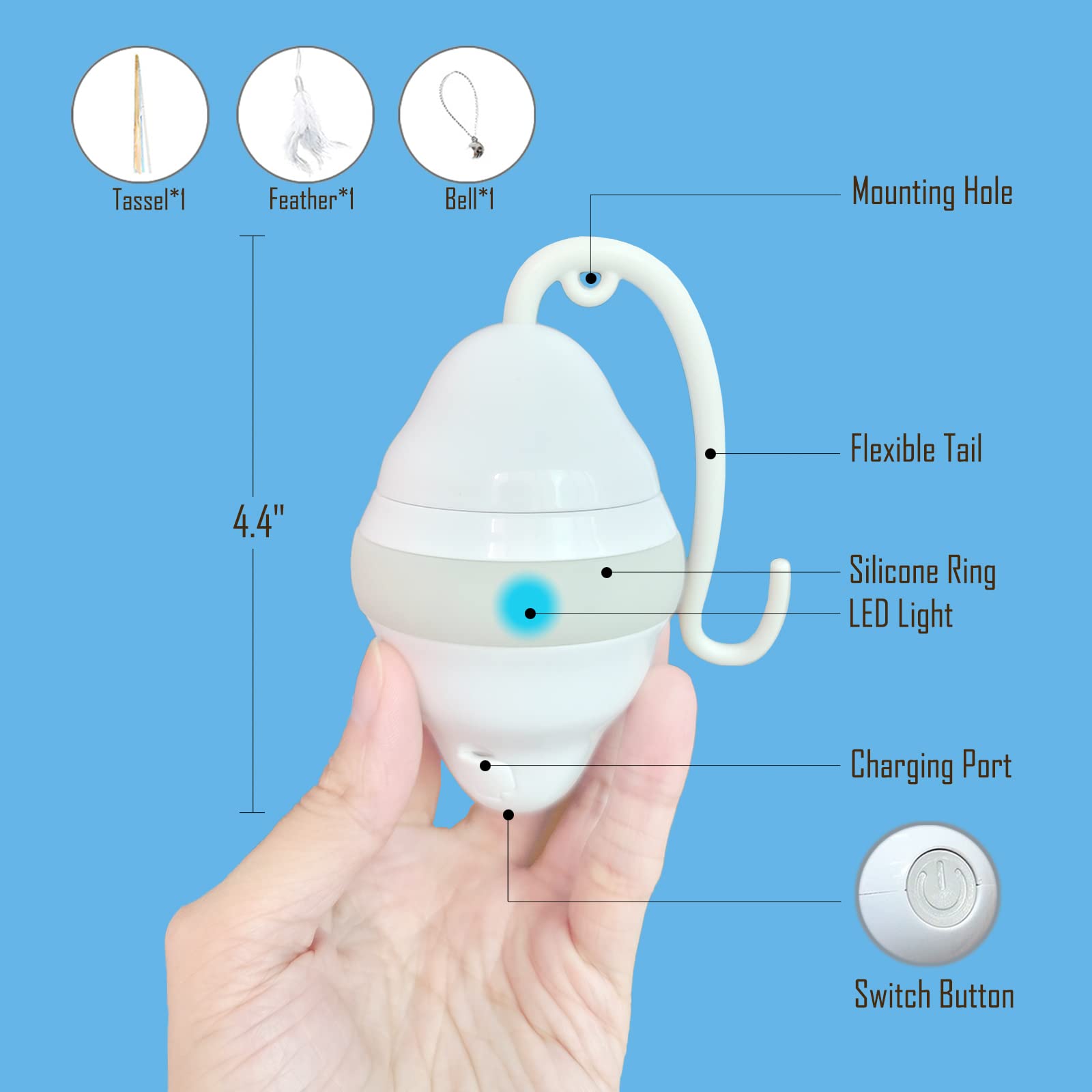 Found Notice Interactive Cat Toy - N in 1 Automatic Moving Ball with LED Lights, Mice Feather Toys for Cats/Puppies, Two Speeds, and USB Rechargeable (Grey)