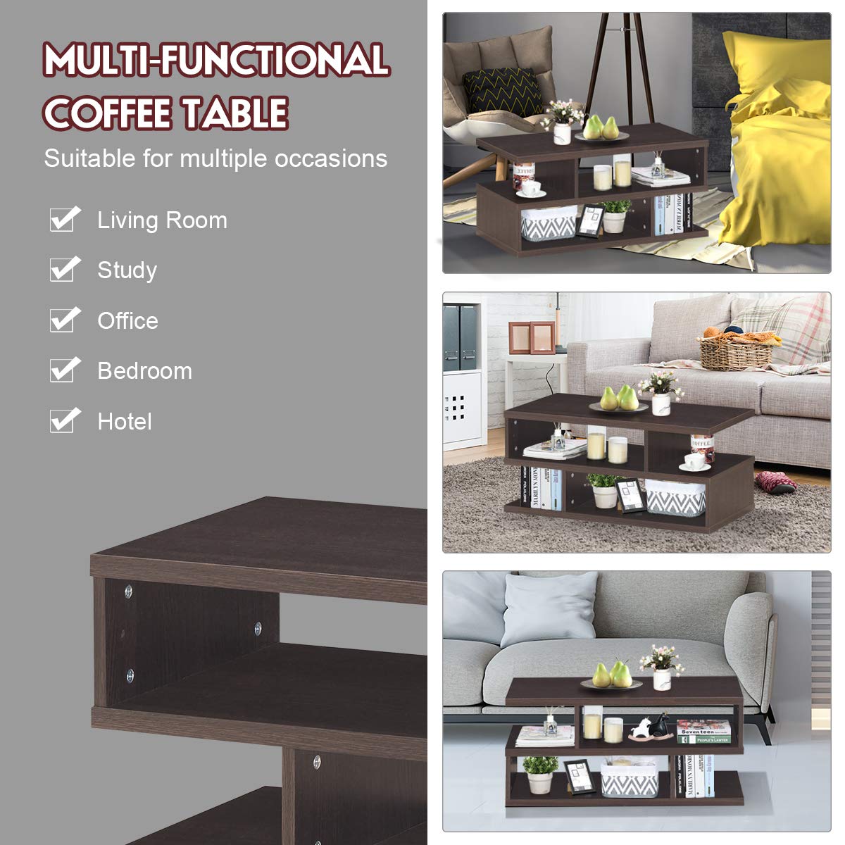 Giantex Coffee Table, Rectangular Tea Table with Storage Shelf, 3-Tier Sofa Table, Modern Console Table, Space Saving Organizer, Furniture for Home Living Room Office, Brown (Brown)