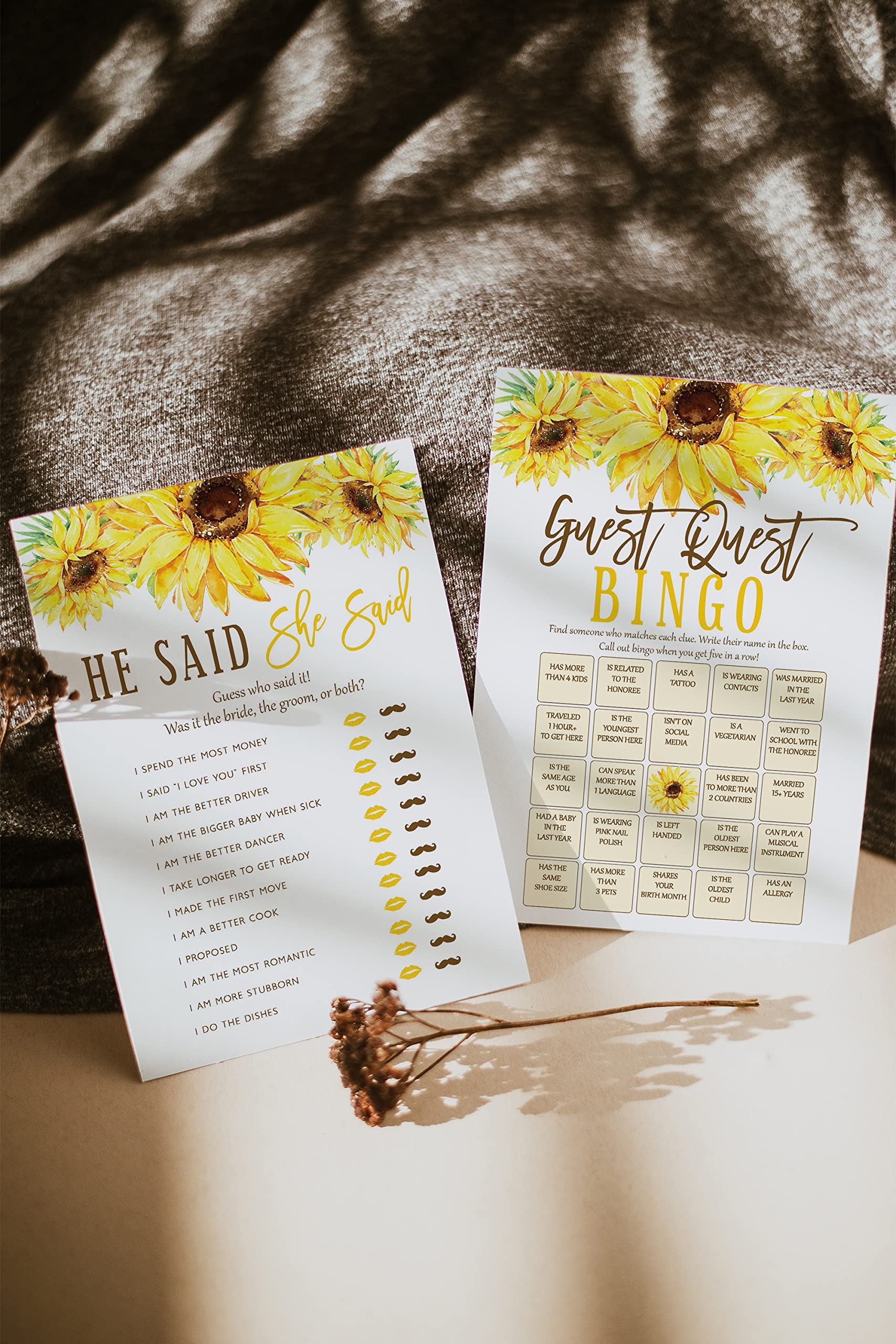 Your Main Event Prints Sunflower Bridal Shower Bachelorette Games - He Said She Said, Find The Guest Quest, Would She Rather, Phone Game - 25 Games Each, Printed Front and Back, 1 Game Per Side