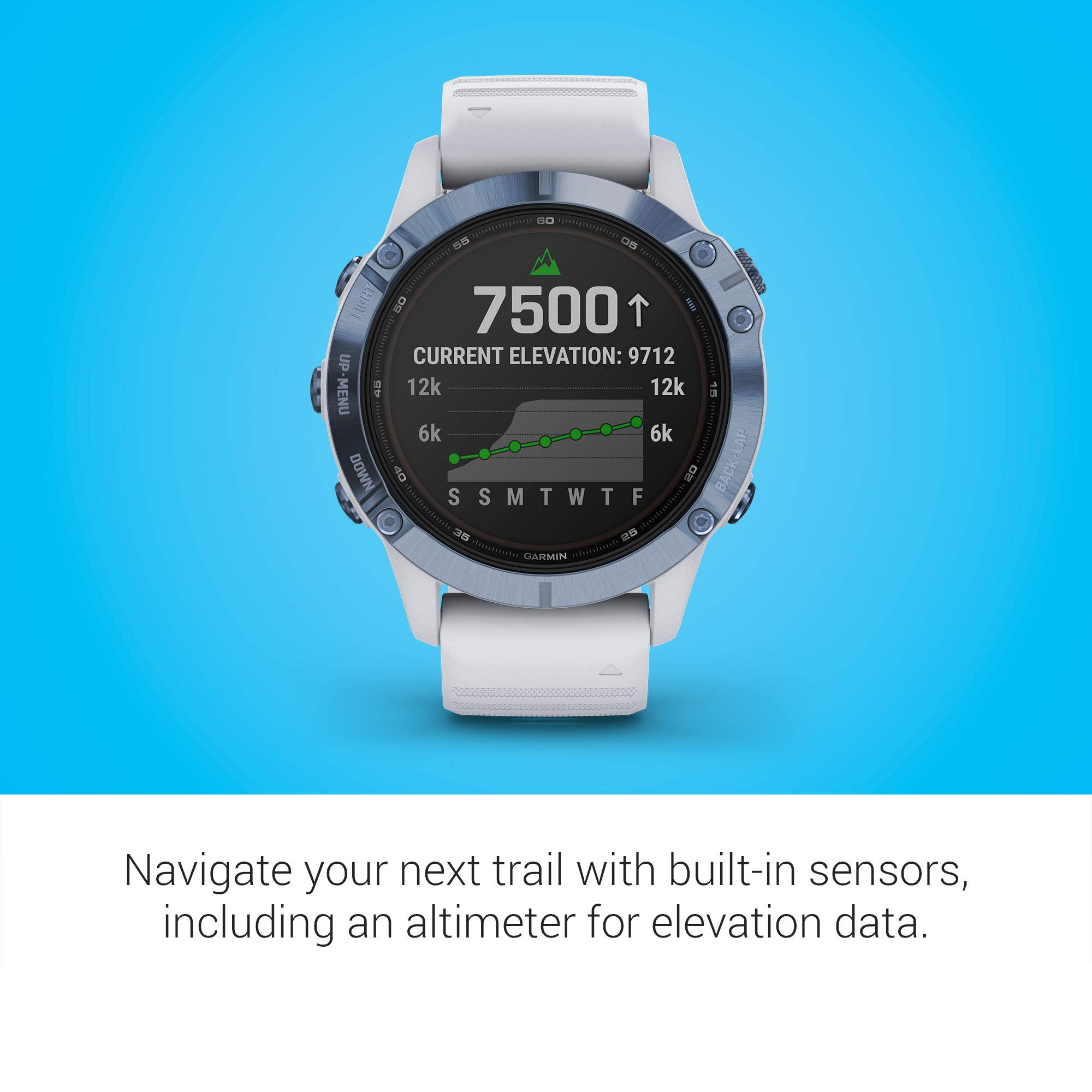 Garmin fenix 6 Pro Solar, Multisport GPS Watch with Solar Charging Capabilities, Advanced Training Features and Data, Mineral Blue with White Band